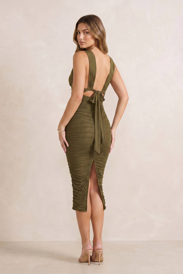 SHEISME | Pleated Wedding Guest Dress V-Neck Sheath Midi Dress in ...