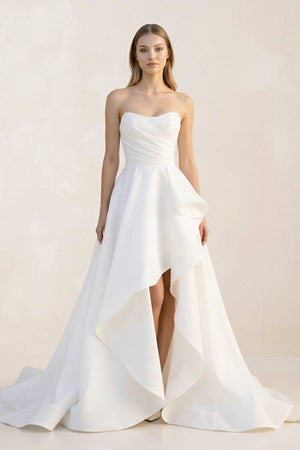 SHEISME | Ruffled Strapless A-Line Ruched Wedding Dress With Slit in White