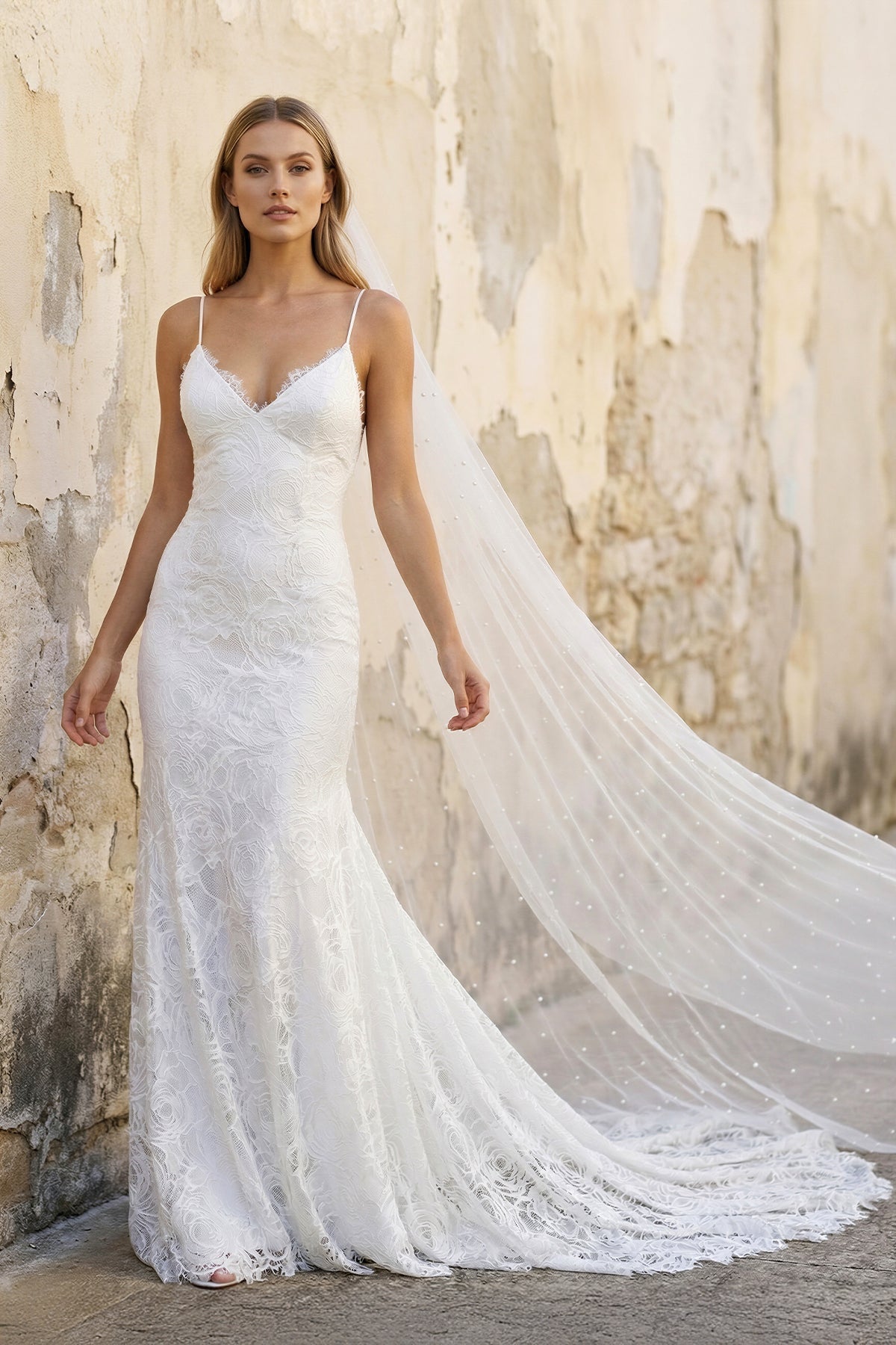 Sheisme | White Spaghetti Straps Mermaid Lace Wedding Dress