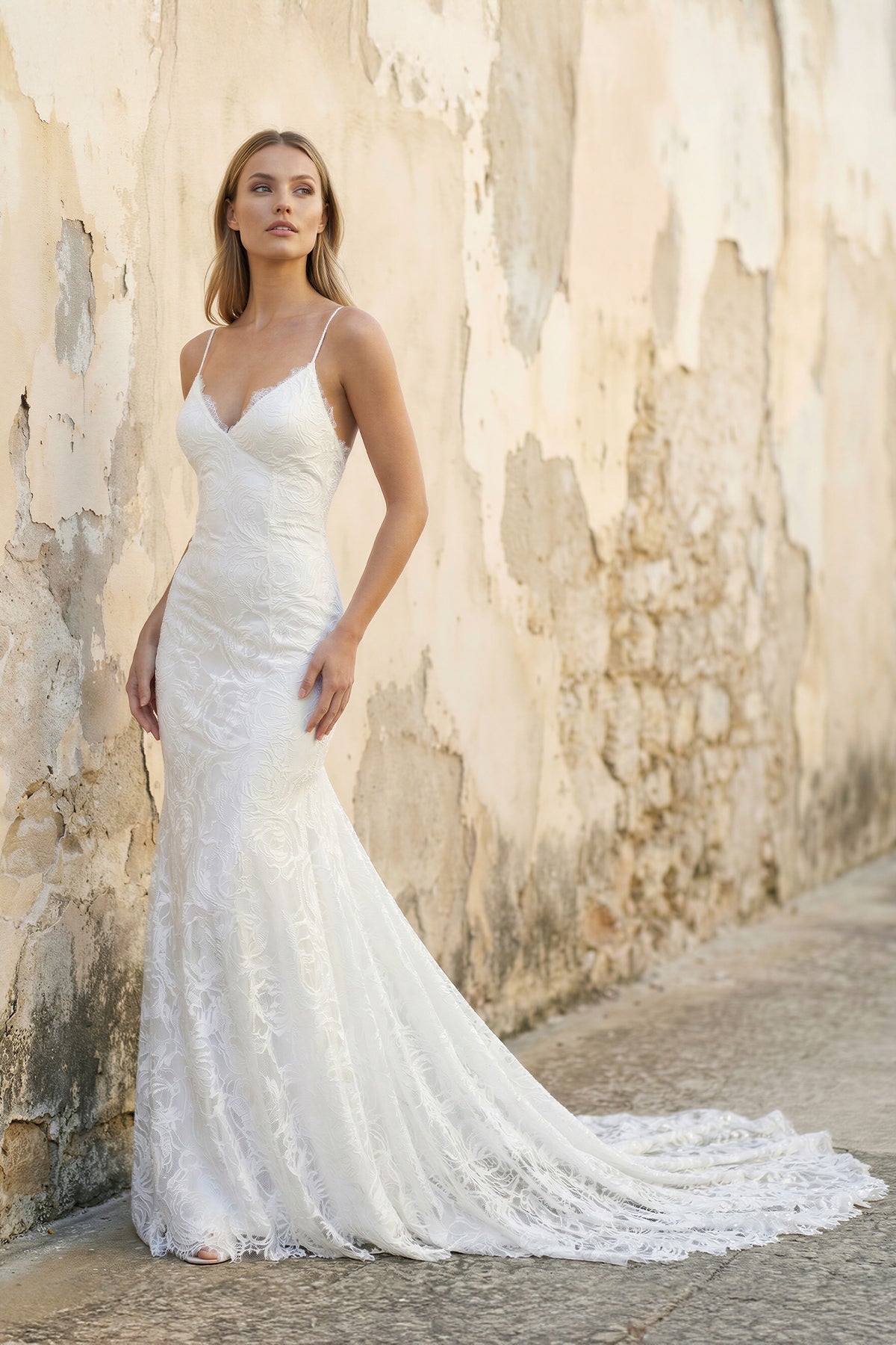 Sheisme | White Spaghetti Straps Mermaid Lace Wedding Dress