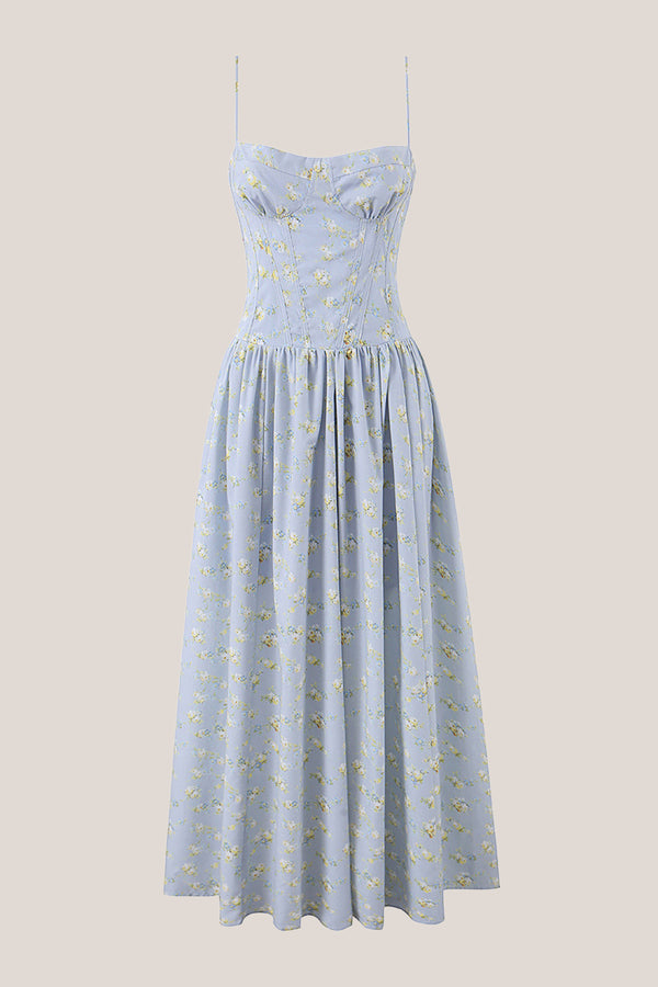 SHEISME | Spaghetti Straps Vintage Rose Printed Cotton Maxi Dress in Blue