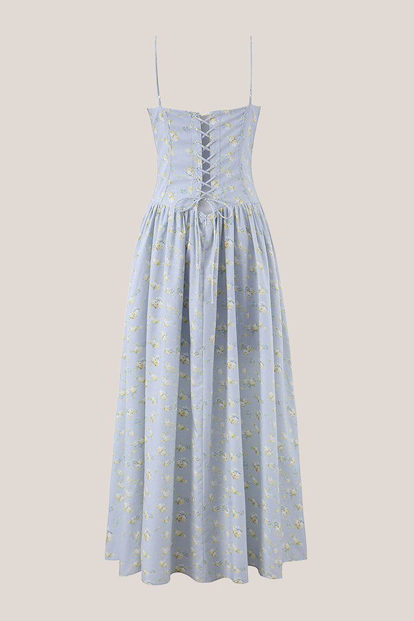 SHEISME | Spaghetti Straps Vintage Rose Printed Cotton Maxi Dress in Blue