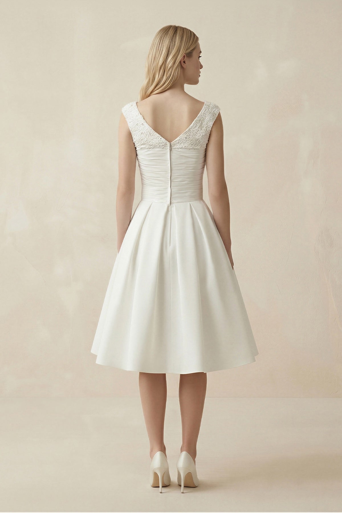 SHEISME | V-Neck Satin A-Line Midi Beaded Wedding Dress in White